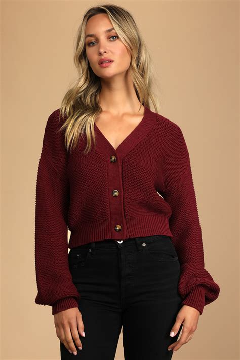 Burgundy Knit Cardigan Button Front Sweater Cropped Cardigan Lulus