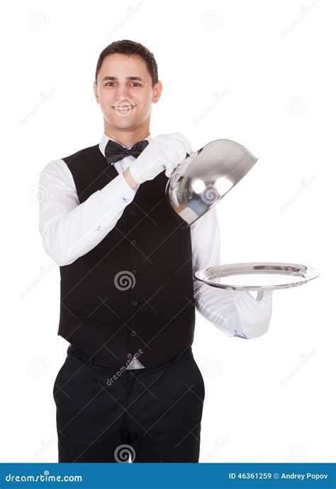 Waiter Holding Lid Cover Over Empty Tray Stock Image Image Of Serving