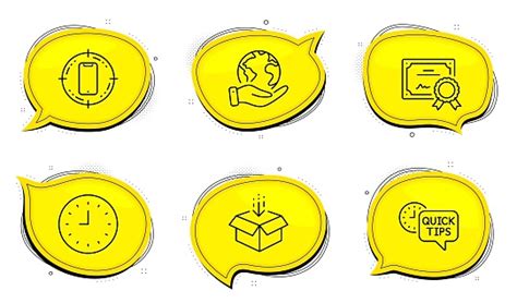 빠른 팁 상자 와 시계 아이콘 세트를 가져옵니다 스마트폰 대상 기호입니다 유용한 트릭 패키지 보내기 시간 또는 시계 벡터 0명에 대한 스톡 벡터 아트 및 기타 이미지