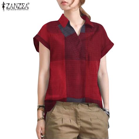 ZANZEA Women Korean Casual Plaid Short Sleeve Blouse Shopee Philippines
