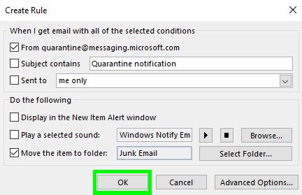 Microsoft Outlook Desktop Create An Inbox Rule For Microsoft Defender Quarantine Emails