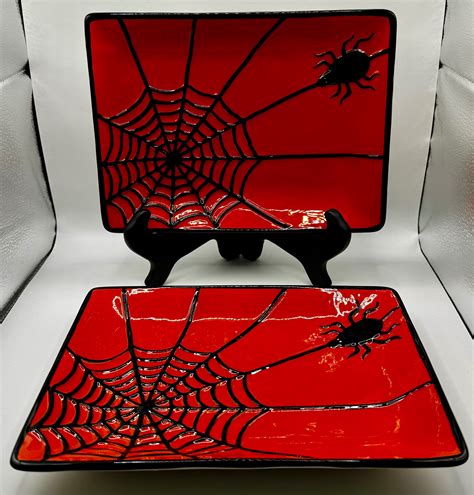 Vintage Halloween Spider Web Candy Dish Ceramic Plates Set Of 2