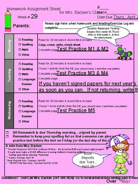 Homework Assignment Sheet Name For Mrs Backens Class