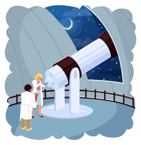 Premium Vector Scientists Looking On Starry Night Sky Through Telescope In Observatory Vector