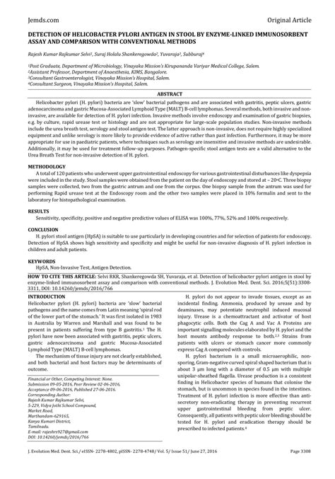 Pdf Detection Of Helicobacter Pylori Antigen In Stool By Enzyme Linked Immunosorbent Assay And