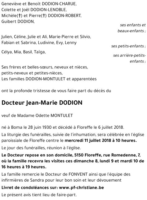 Avis De Décès De Jean Marie Dodion Décédé Le 06072018 à Floreffe Annonce Condoléances
