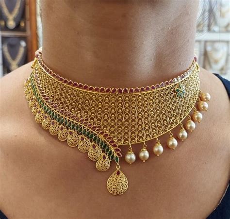 235 Gn5168 22k Gold Choker Necklace With Color Stones And Culture