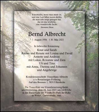 Traueranzeigen Von Bernd Albrecht Trauer In NRW De