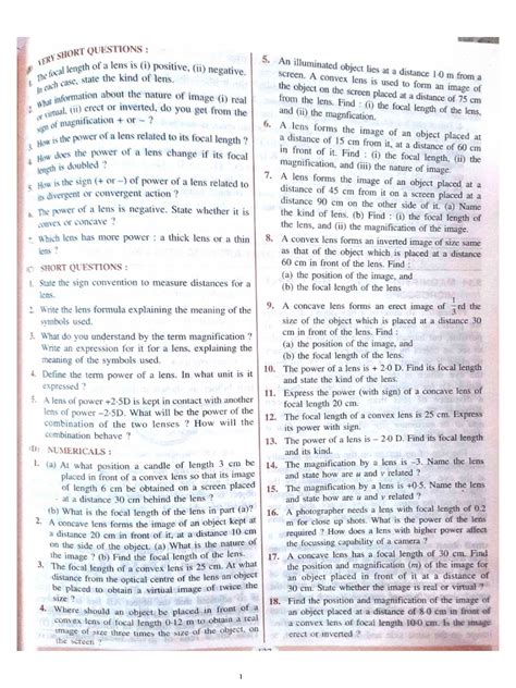 Icse 10 Light Lens Numericals Pdf