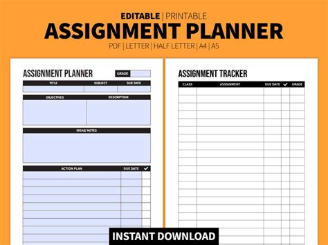Editable Assignment Tracker Printable Babe Planner Homework Tracker Assignment Planner