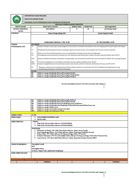 Rps Bahasa Indonesia Sdmi Pgmi 2021 Pdf