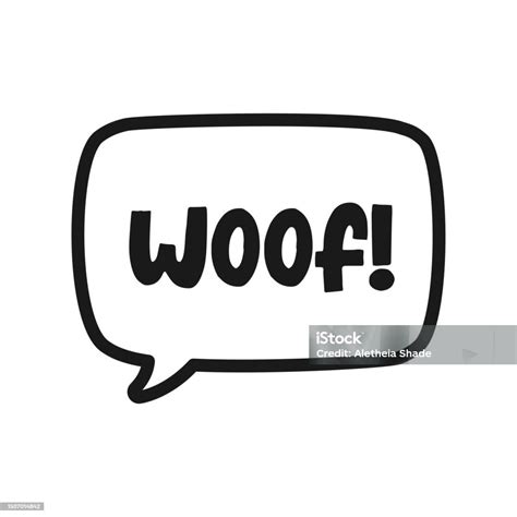 말풍선 풍선 낙서에 있는 Woof 텍스트 만화 만화 개 짖는 소리 효과와 글자 흰색 배경에 간단한 흑백 윤곽선 평면 벡터 그림 디자인 Onomatopoeia에 대한 스톡