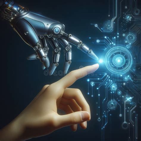 Human And Robotic Hand Interaction Over Urban Skyline Stock Image