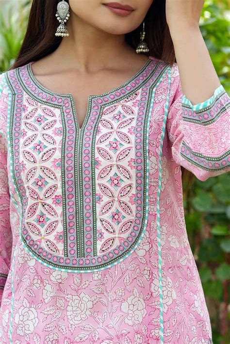 A Line Kurtapant Set In Pink Hand Block Printed Cotton Cotrasworld