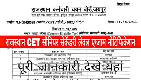 Rajasthan Cet Senior Secondary Level Bharti 2022 राजस्थान सीईटी सीनियर