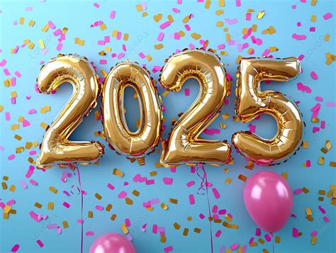 핑크 색상 2025 문자 배경에 색종이와 2025 골드 풍선 텍스트 Png 일러스트 무료 다운로드 Lovepik
