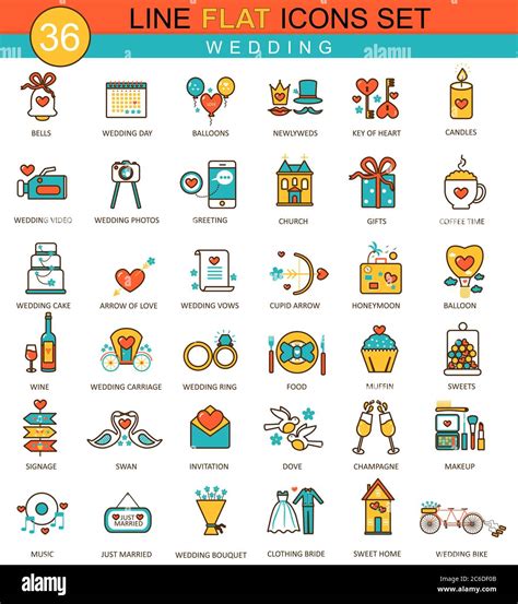 Vector Wedding Flat Line Icon Set Modern Elegant Style Design For Web
