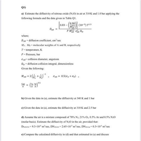 Solved Q1 A Estimate The Diffusivity Of Nitrous Oxide