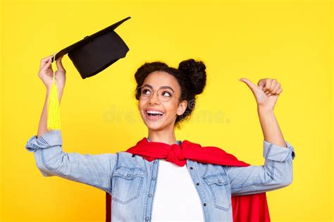 Portrait Of Nice Young Girl Point Finger Mortarboard Hat Wear Denim