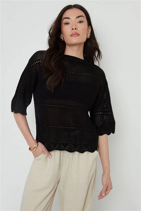 Threadbare Borneo Pointelle Crochet Short Sleeve Jumper Black