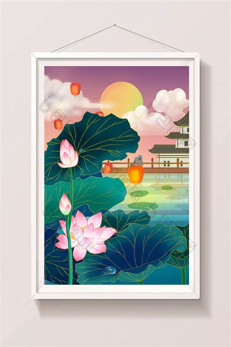 妙笔生花莲中国古风建筑孔明灯夕阳插画图片 包图网