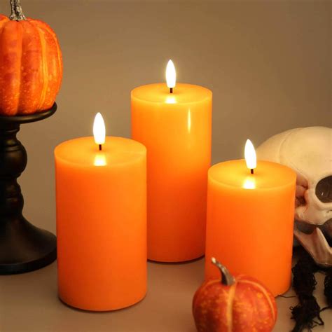 Orange Flat Top Flameless Pillar Candles With Remote Set Of 3 Eywamage