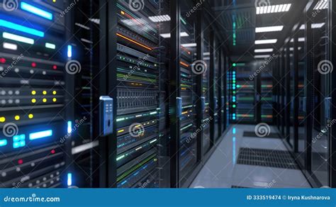 row of server racks in a modern data center with blue glow server computers with data hud