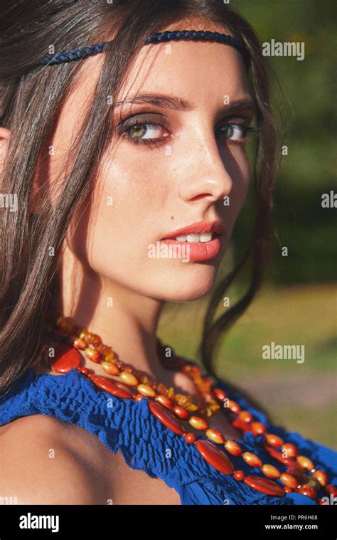 Close Up Outdoor Portrait Of The Cute Young Boho Hippie Girl Stock
