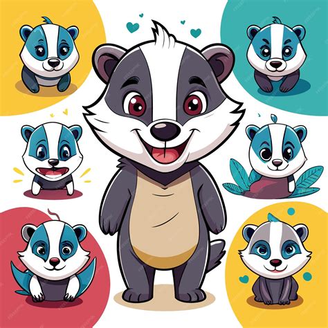 Cute Cartoon Badgers In Various Playful Poses And Expressions Premium