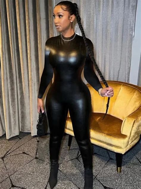 Black Pu Faux Leather Jumpsuit Women Long Sleeve Party Club Bodycon
