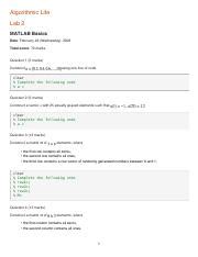 Algorithmic Life Lab Matlab Basics Practice Questions Course Hero