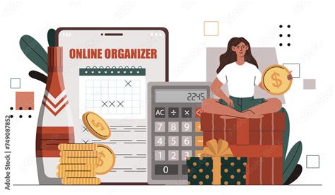 Woman With Online Organizer Young Girl Sitting At Git Box With Golden Coin And Calculator