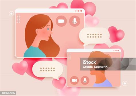 응용 프로그램을 통해 온라인 날짜 두 사람이 화상 통화 플랫폼을 통해 채팅 창문에 대한 스톡 벡터 아트 및 기타 이미지 창문