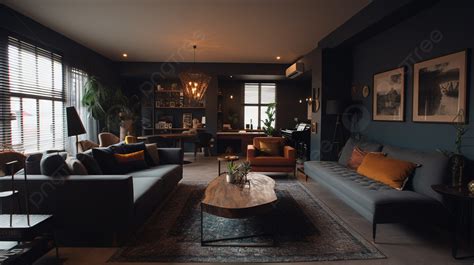 어두운 벽과 회색 소파가 있는 개방형 거실 거실 사진 소파 가구 배경 일러스트 및 사진 무료 다운로드 Pngtree