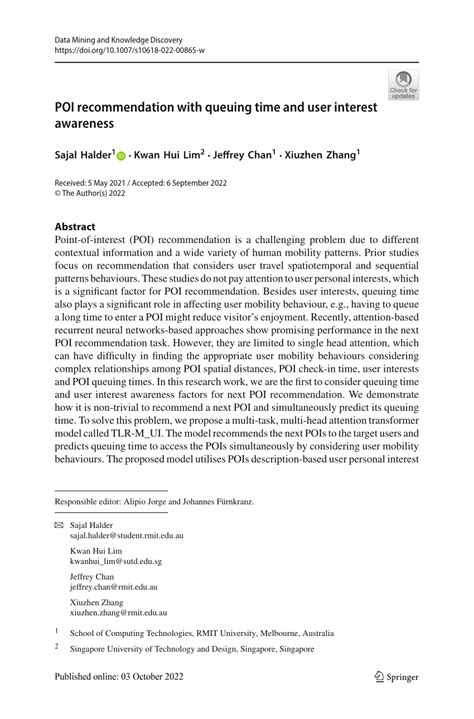 Pdf Poi Recommendation With Queuing Time And User Interest Awareness