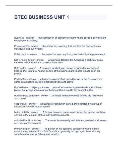 btec business unit 1 questions and answers 2024 btec stuvia us