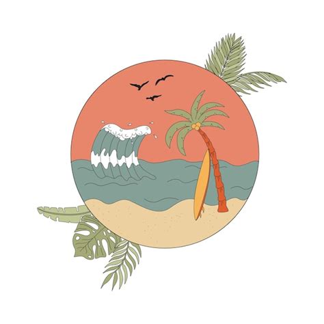 Premium Vector Badge With Sea Palm Tree And Surfboard In A Circle