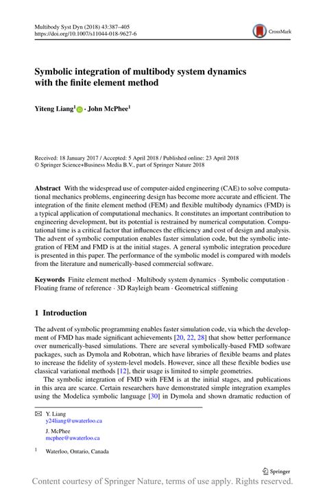 Symbolic Integration Of Multibody System Dynamics With The Finite
