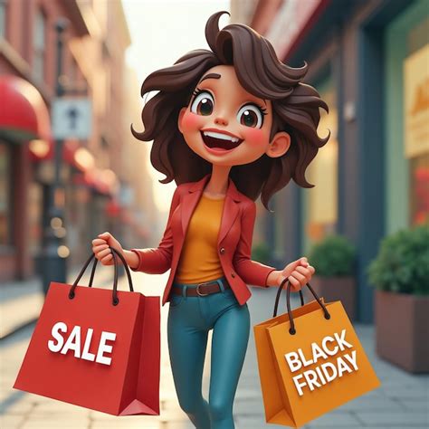 Mujer De Dibujos Animados Disfrutando De Las Compras Del Viernes Negro