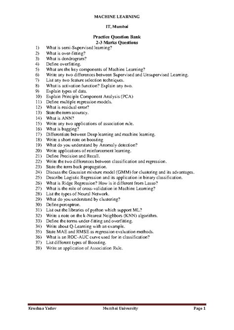 practice question bank machine learning it mumbai practice question bank 2 3 marks questions