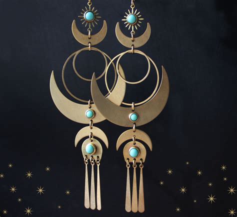 Moon Phase Statement Earrings Very Long Moon Earrings Turquoise