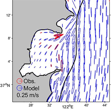 Validation Of The Depth‐averaged M₂ Tidal Ellipse Blue And Red