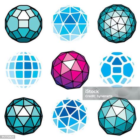 벡터 낮은 폴 리 구형 개체 3d 도형 세트 삼각형 사각형 오각형으로 만든 삼각 면 Orbs 관점 0명에 대한 스톡 벡터 아트