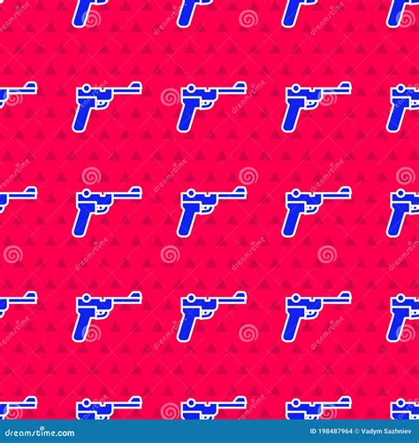 Blue Mauser Gun Icon Isolated Seamless Pattern On Red Background