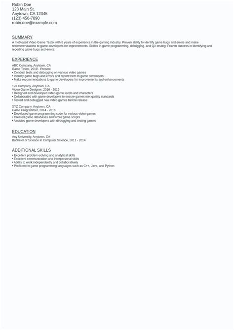 Video Game Tester Resume Sample Template Free Download Ziprecruiter