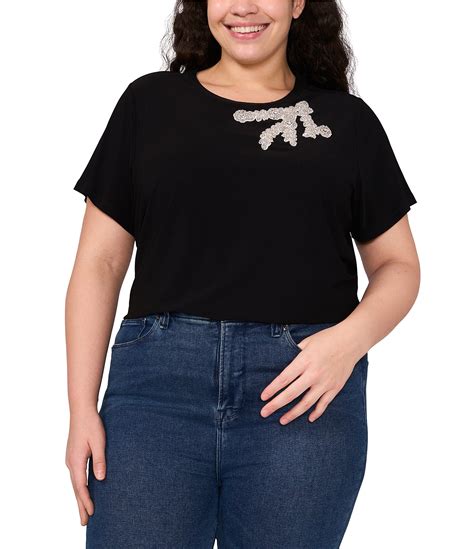 Cece Plus Size Crew Neck Short Sleeve Rhinestone Bow Blouse Dillards