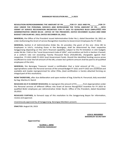 Barangay Resolution Reprogramming Pdf Government