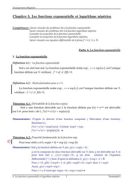 Chapitre 5 Les Fonctions Exponentielle Et Logarithme Népérien