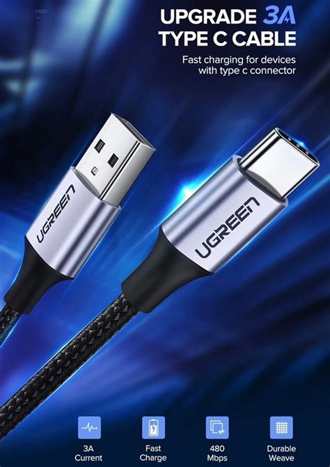 สายชารจTypeC Ugreen USB A to USB C Cable Nylon 1M Gray 60126