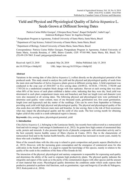 Pdf Yield And Physical And Physiological Quality Of Salvia Hispanica